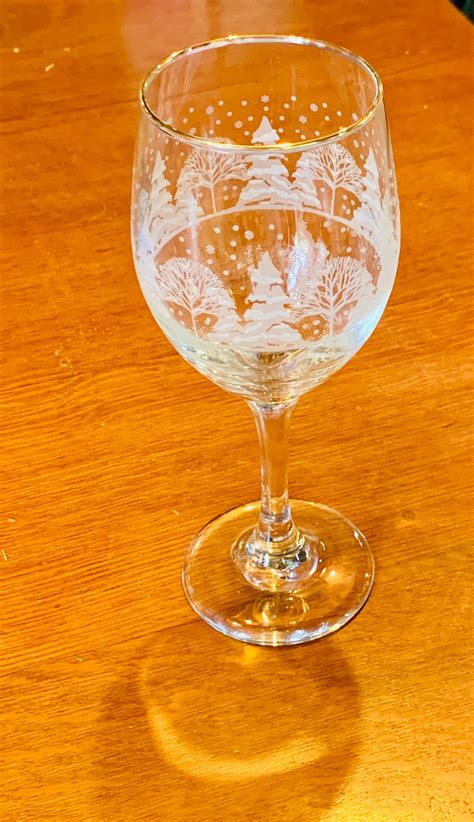 Libby Arbys Etched Christmas Winter Scene Wine Glass Gold Rimmed Etsy