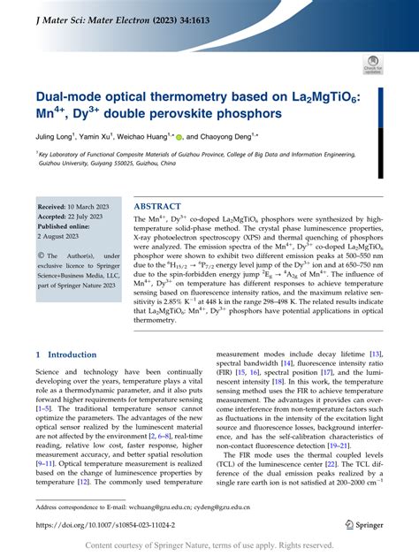 Dual Mode Optical Thermometry Based On La2mgtio6 Mn Dy Double Perovskite Phosphors
