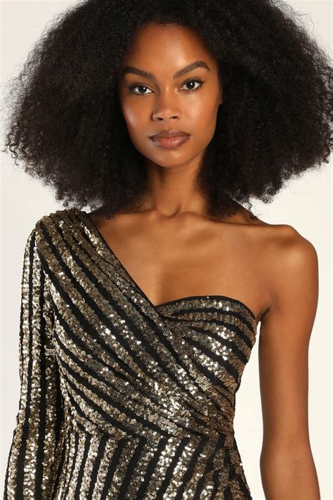 Sequin Lulus One Shoulder Gold Dress Online