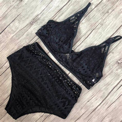 Neck Womens Set Lace V Pieces Crochet Swimsuit Bikini Waist High Two