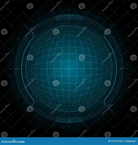 Hud Global Radar Sphere Grid And Degree Indicator Dashboard Interface Display Cartoon Vector