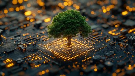 Tree Growing On Microchip With Glowing Circuitry Technology And Nature