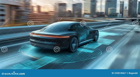 Autonomous Self Driving Car With Head Up Display On The Road Cartoon