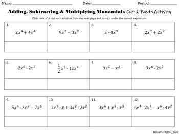Add Subtract And Multiply Monomials Matching Digital Print