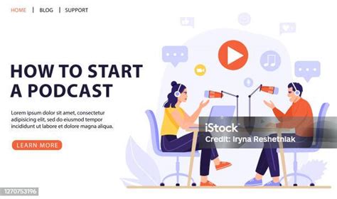 팟캐스트 또는 인터뷰 컨셉 마이크와 헤드폰으로 팟캐스트를 녹음하는 팟캐스터 벡터 웹 페이지 배너 그림입니다 남자에 대한 스톡 벡터 아트 및 기타 이미지 Istock