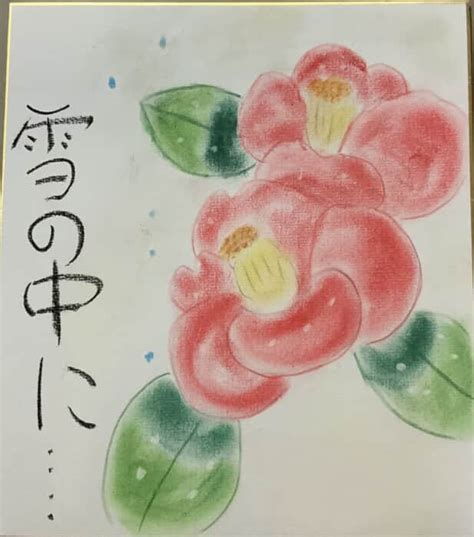 色紙にパステル画で椿を描いてみました。 雪の中に 絵手紙 交流ひろば てがみ倶楽部