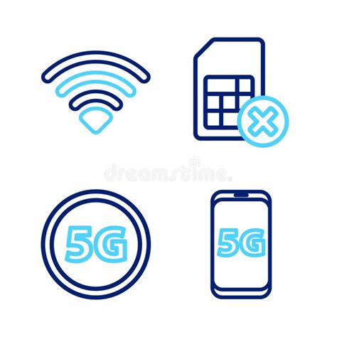 Set Line Mobile With 5g Network Globe Sim Card Card Rejected And Wi Fi Wireless Icon Vector