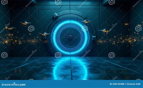 A High Tech Vault Door Glowing With Vibrant Blue Lines Of Circuitry Stock Illustration