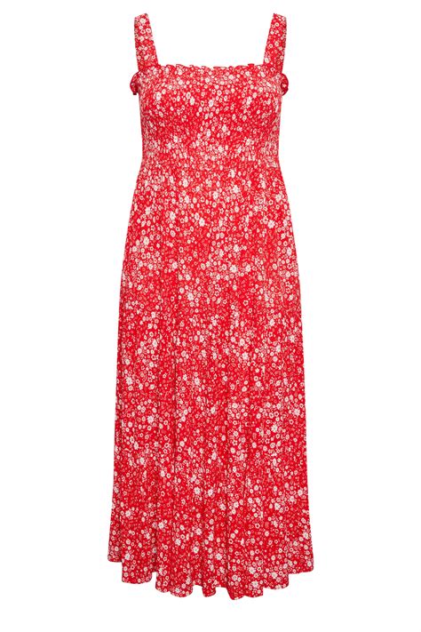 Yours Plus Size Red Ditsy Floral Print Shirred Maxi Dress Yours Clothing