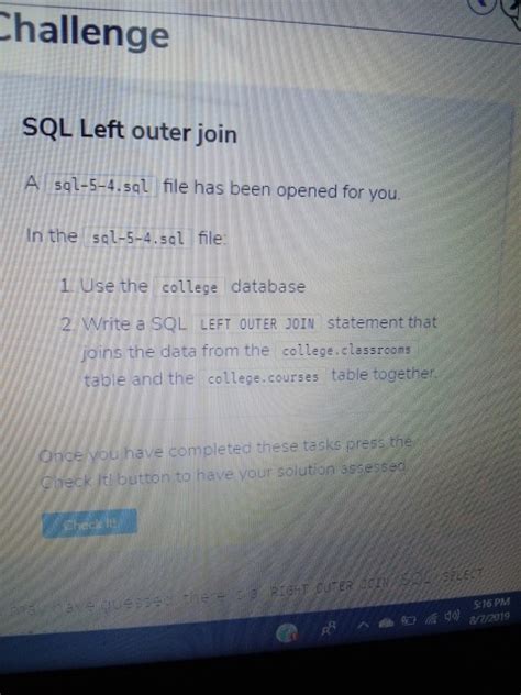 solved challenge sql left outer join a sql 5 4 sql file has