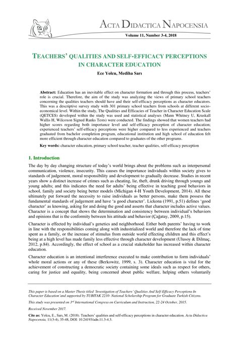 Pdf Teachers Qualities And Self Efficacy Perceptions In Character Education