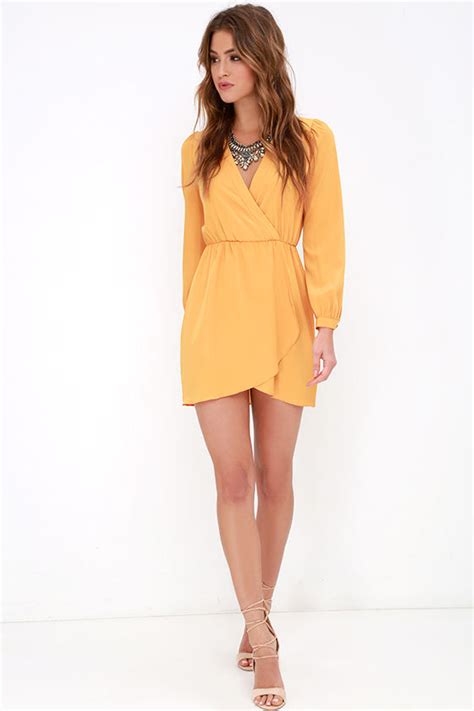Cute Mustard Yellow Dress Wrap Dress Long Sleeve Dress 4900 Lulus