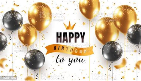 텍스트와 반짝이 색종이와 3d 현실적인 황금과 검은 색 공기 풍선 흰색 배경에 벡터 생일 수평 그림 선물에 대한 스톡 벡터 아트 및 기타 이미지 Istock