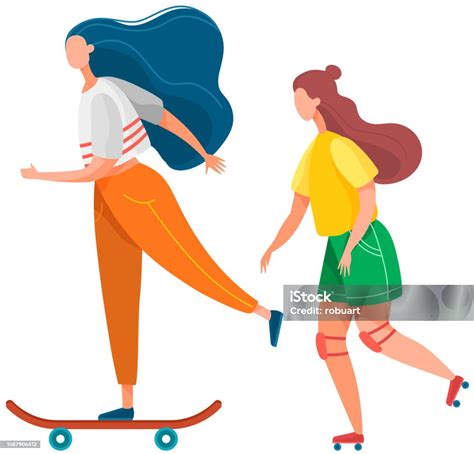 젊은 사람들 활동적인 라이프스타일 익스트림 스포츠 세트 공원에서 롤러 스케이트를 타고 스케이트보드를 타는 소녀들 십대에 대한 스톡 벡터 아트 및 기타 이미지 Istock