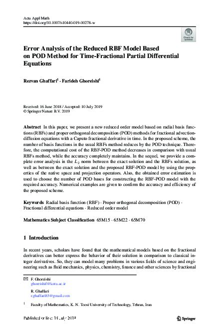 Pdf Error Analysis Of The Reduced Rbf Model Based On Pod Method For Time Fractional Partial
