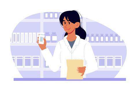 약사와 함께 약국 개념 여성 의사 약사 판매자가 카운터 뒤에 서서 약국에서 약 비타민을 제공합니다 세계 약사의 날 벡터 평면