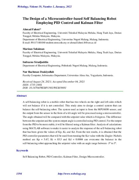Pdf The Design Of A Microcontroller Based Self Balancing Robot Employing Pid Control And