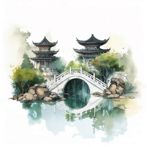 Una Pintura De Un Puente Sobre Un Estanque Con Un Puente En El Medio