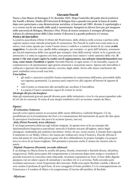 Riassunto Sulla Vita E Sulle Opere Di Pascoli Docsity