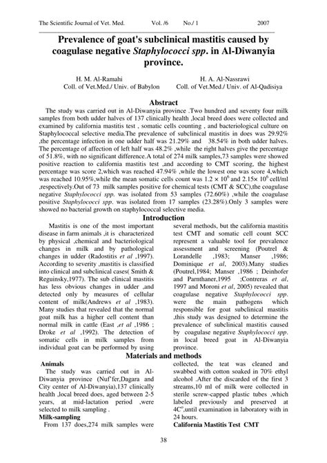 Pdf Prevalence Of Goats Subclinical Mastitis Caused By Coagulase Negative Staphylococci Spp