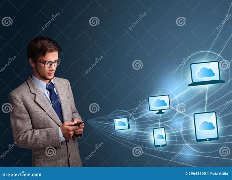 Handsome Man Typing On Smartphone With Cloud Computing Stock Photo Image Of Boyl Browsing