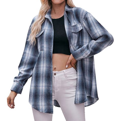 Njshnmn Womens Plaid Flannel Shirt Plaid Flannel Button Down Oversized