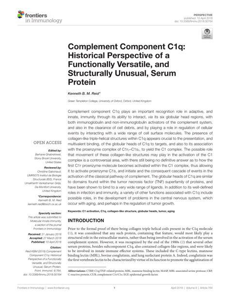 PDF Complement Component C1q Historical Perspective Of A Functionally Versatile And