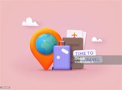 배너를 여행 할 시간 여권 티켓 여행 가방이있는 여행 배너 3d 웹 벡터 일러스트레이션 Advertising Week에 대한 스톡 벡터 아트 및 기타 이미지 Istock