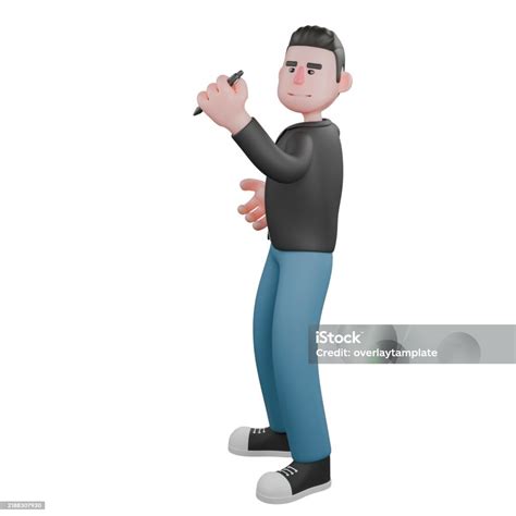 카메라맨의 만화 스타일로 창의적인 3d 아트웍 디자인 남성 카메라맨이 한 손에는 펜을 들고 자신감 넘치는 표정으로 오른쪽을 바라보고 서 있다 그림 3차원 형태에 대한 스톡