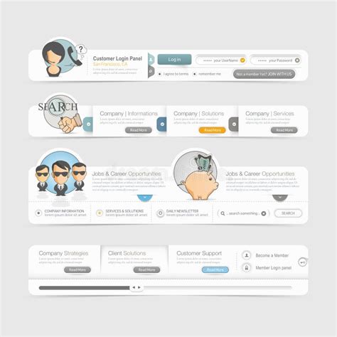 Website Template Design Menu Navigation Elements With Icons Set Stock Vector Illustration Of