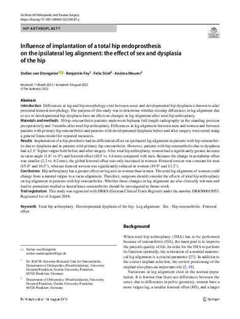 Pdf Influence Of Implantation Of A Total Hip Endoprosthesis On The