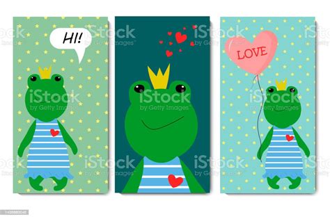 왕관에 귀여운 개구리가있는 엽서 세트 컬러 배경에 쾌활한 벡터 일러스트레이션 개구리에 대한 스톡 벡터 아트 및 기타 이미지 개구리 개구리 왕자 개체 그룹 Istock
