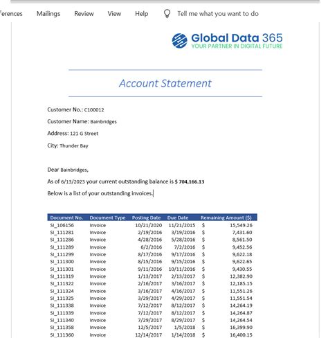 create a word based report with export to word global data 365