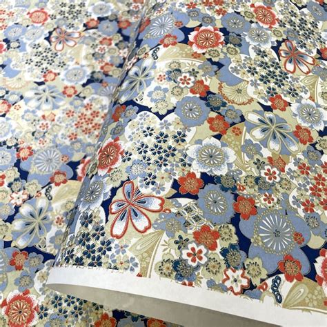 友禅和紙 華やか 桜 さくら 紺地 水色 朱色 菊判 大判 約63x93cm 千代紙 Yuzen Dyeing 森田和紙オンラインショップ