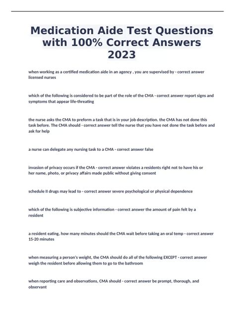 Medication Aide Test Questions With 100 Correct Answers 2023 Medication Aide Stuvia Us