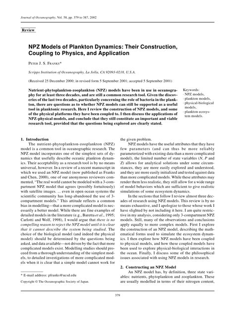Pdf Npz Models Of Plankton Dynamics Their Construction Coupling To Physics And Application