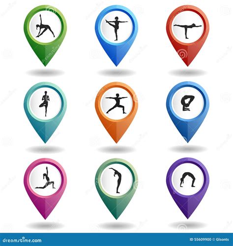 Set Of Multi Colored Map Pointers With A People In Yoga Poses Vector