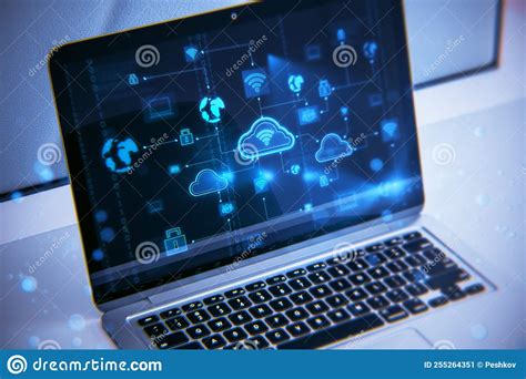 close up of notebook at workplace with creative digital cloud computing hologram on blurry