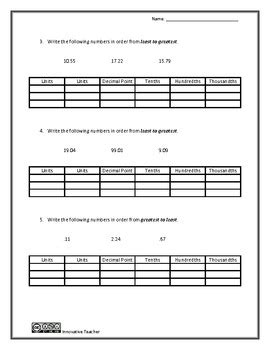 Ordering Decimal Assessment By Innovative Teacher TpT