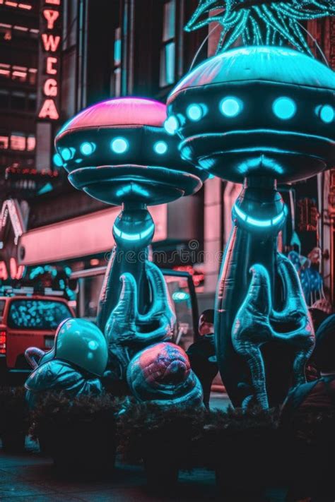 A Couple Of Alien Statues Sitting On Top Of A Street Generative Ai
