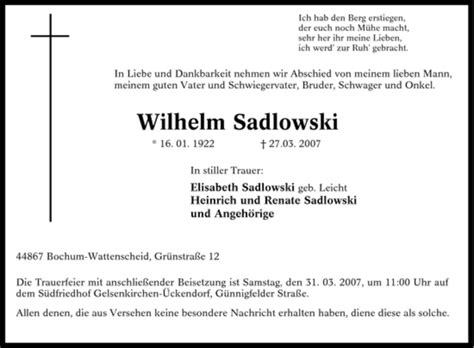 Traueranzeigen Von Wilhelm Sadlowski Trauer In Nrwde