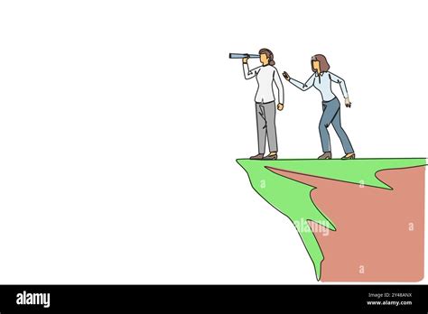 Single One Line Drawing Businesswoman Monitoring Something At The Edge Of A Cliff Using