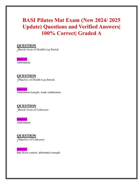 Basi Pilates Mat Exam New 2024 2025 Update Questions And Verified Answers 100 Correct