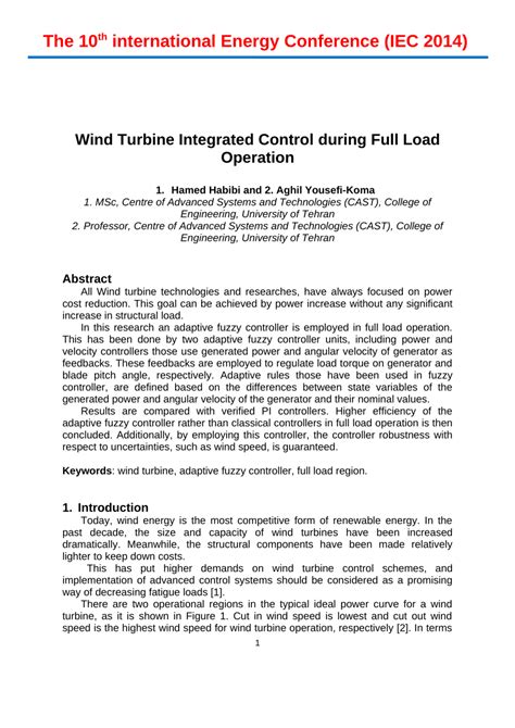 Pdf Wind Turbine Integrated Control During Full Load Operation