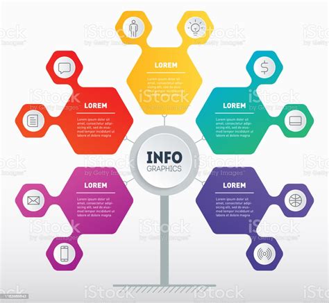 5 가지 옵션이있는 비즈니스 프리젠 테이션 또는 인포 그래픽 개념 개발 트리 차트 또는 다이어그램의 템플릿입니다 5 단계 기술