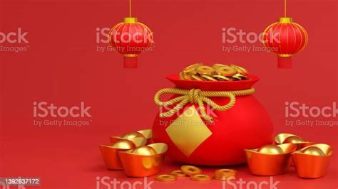행운의 가방 또는 보물 가방 금과 동전 배경 인사말 카드 중국 축제 중국 새해 3d 렌더링 가방에 대한 스톡 사진 및 기타
