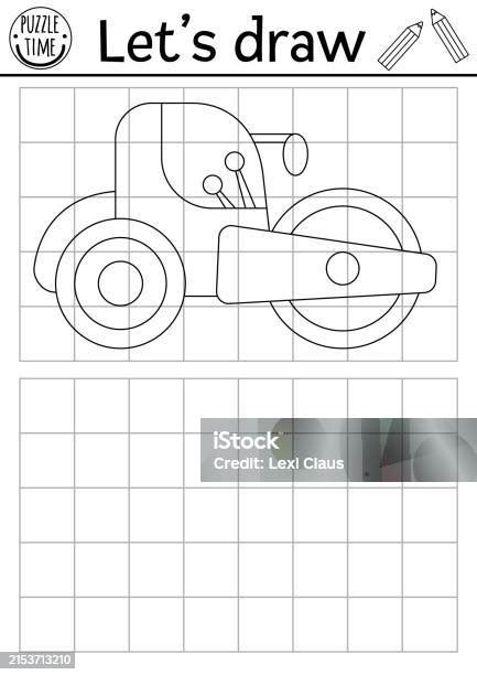 로드 롤러를 그립니다 산업용 차량과 벡터 건설 현장 도면 연습 워크시트 아이들을 위한 인쇄 가능한 흑백 활동 자동차로 그림 색칠
