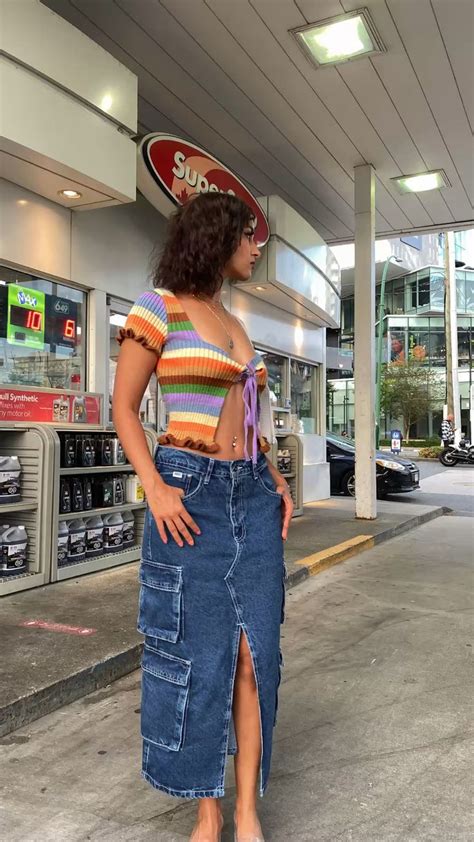 Denim Maxi Skirt Outfit Knot Crop Top The Ragged Priest In 2022