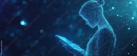 Abstract Wireframe Man Holding Tablet With AI Chip Hologram Technology Innovation Background
