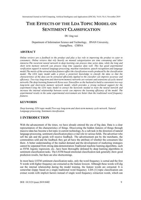 The Effects Of The Lda Topic Model On Sentiment Classification Pdf